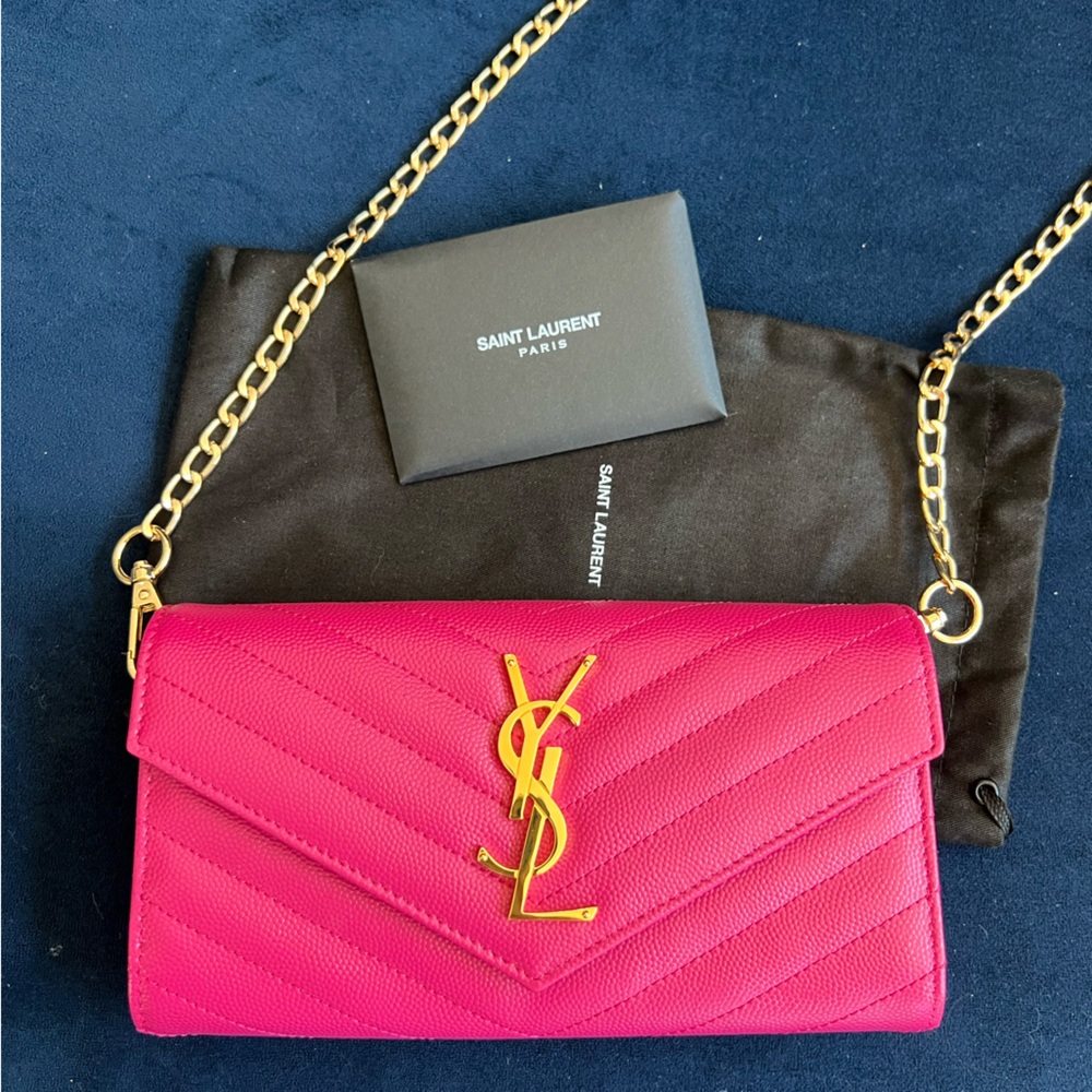 New Barbie Pink Ysl Cassandre Envelope Wallet On Chain - Gem